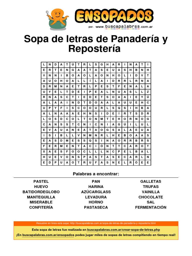 Sopa de Letras: Panadería y Repostería | PDF | Confitería | Panes