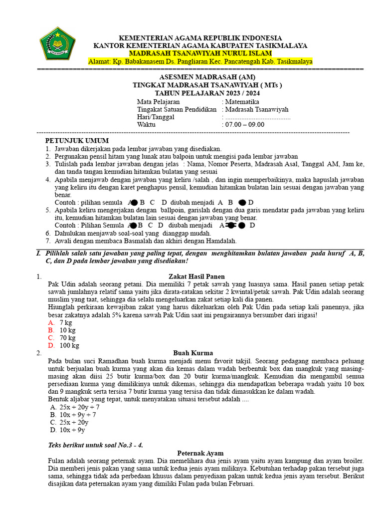 Soal AM Matematika Tahun 2024 | PDF