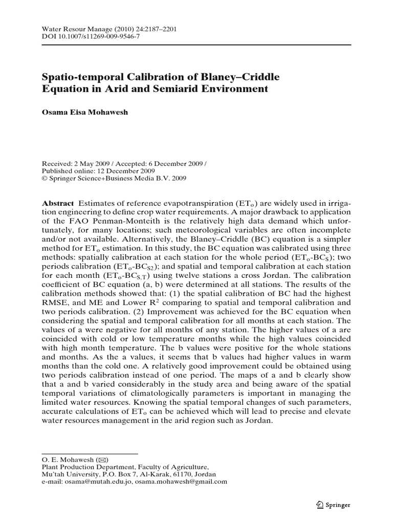 Spatio-Temporal Calibration of Blaney-Criddle Equation in Arid and ...