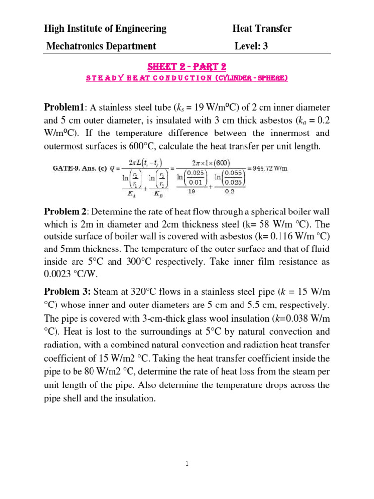 Sheet 2 Part 2 - Heat Transfer-Answer | PDF