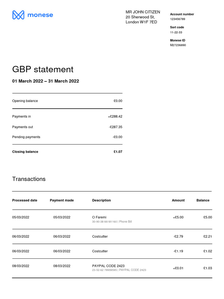 UK Monese Bank Statement | PDF | Pay Pal | Service Industries