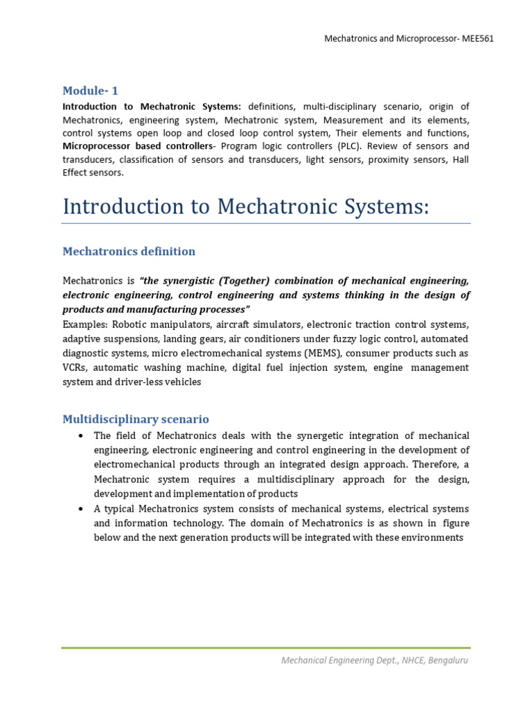 Mechatranics Module 1 | PDF | Mechatronics | Analog To Digital Converter
