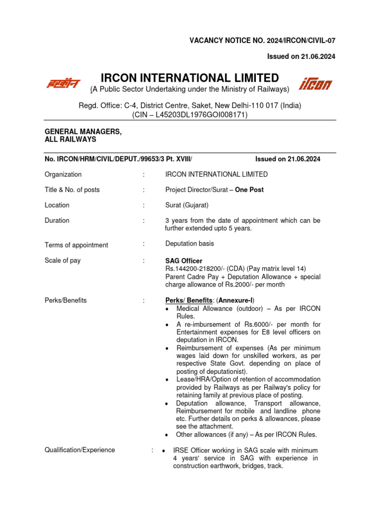 IRCON Recruitment 2024 Gujarat | PDF