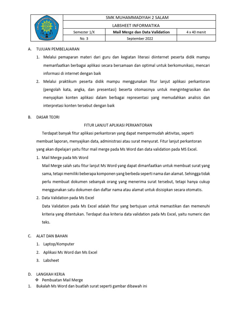 Labsheet FITUR LANJUT APLIKASI PERKANTORAN | PDF
