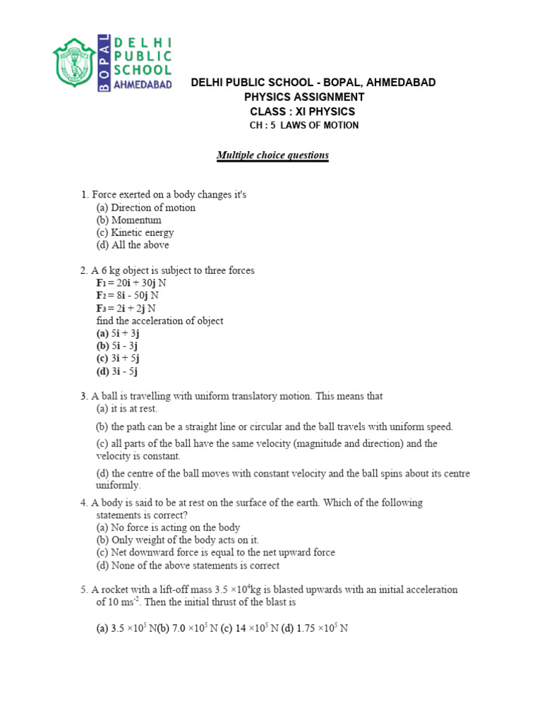 XI ASGN CH - 5 Laws of Motion | PDF | Force | Inertia