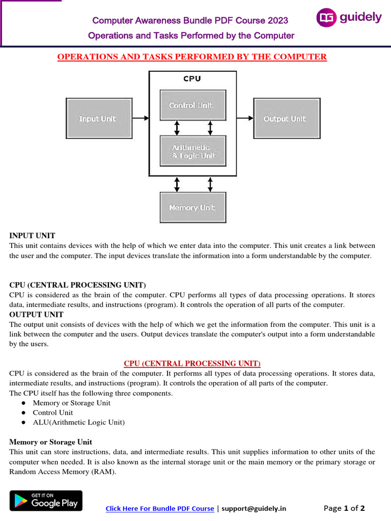 Operations and Tasks Performed by The Computer | PDF | Computer Data Storage | Central ...