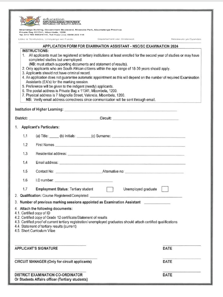 Mpumalanga Education Exam Assistants 2024 Application Form | PDF ...