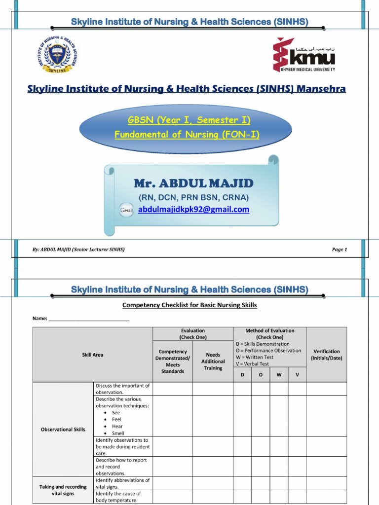 Checklist For Basic Nursing Skills | PDF