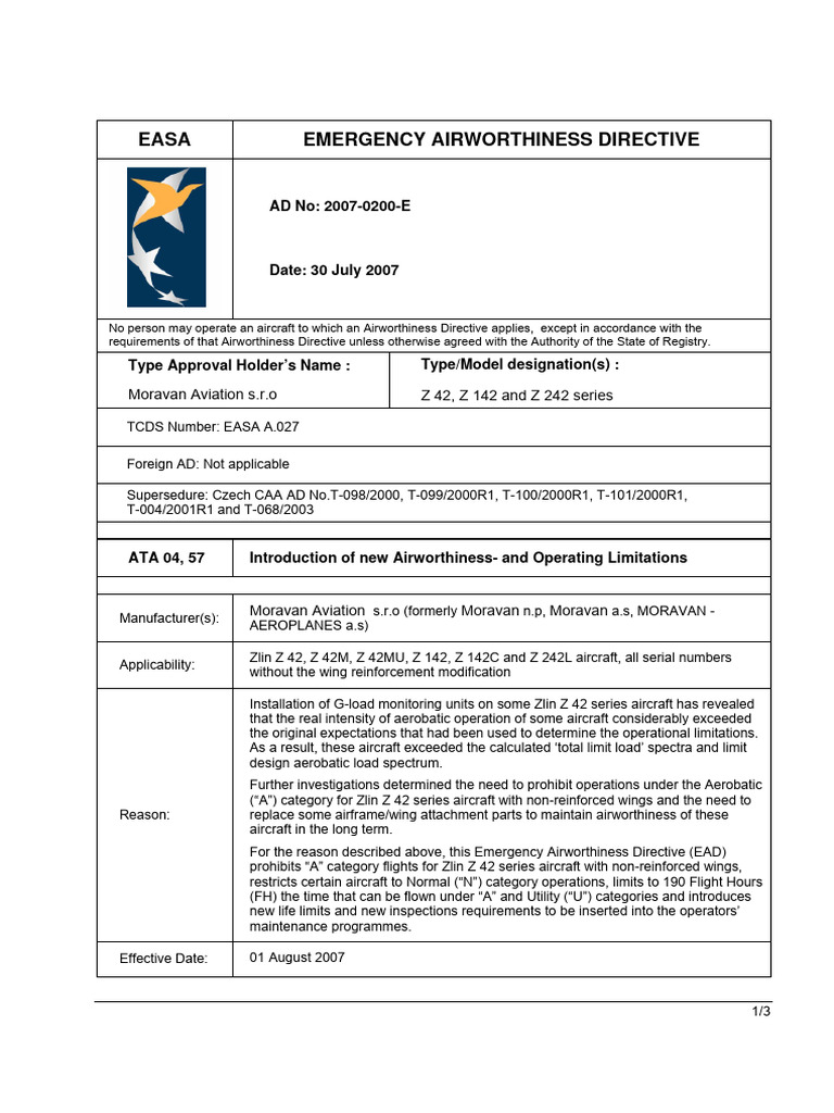 Easa Ead 2007-0200-E 1 | PDF | Aviation Safety | Aerospace