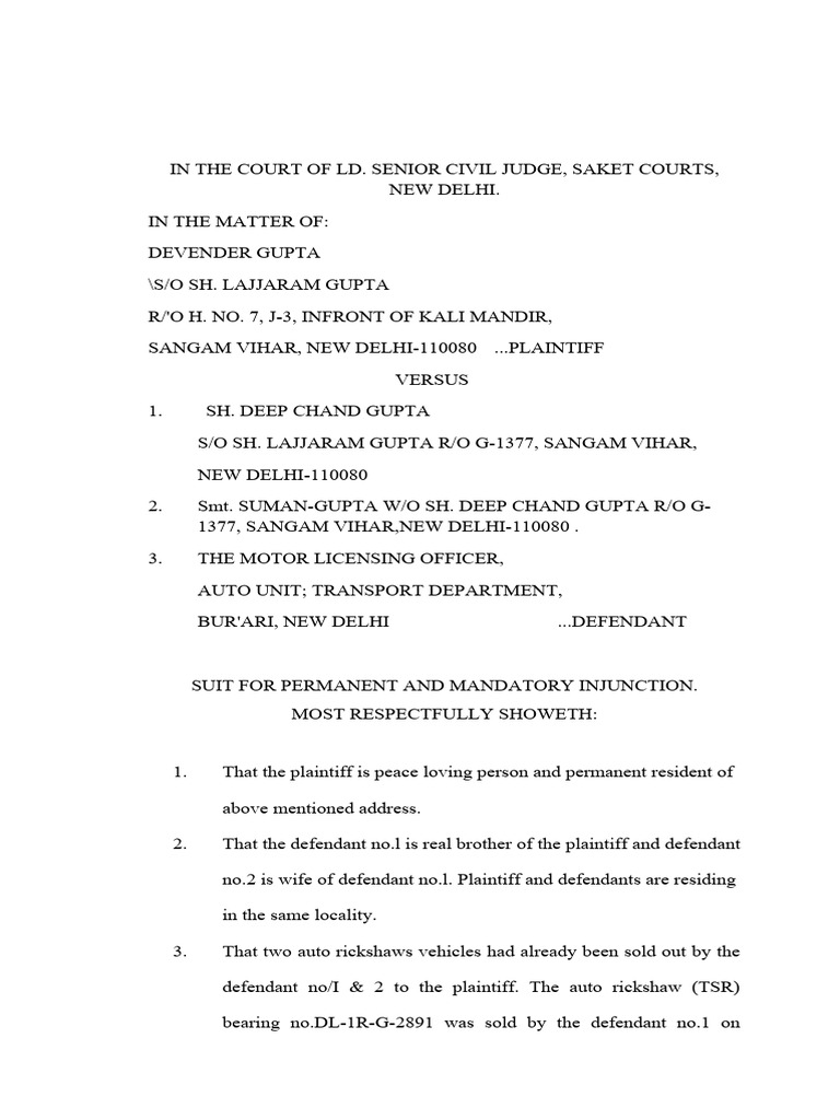Plaint Injunction Devender Gupta Deep Chand Gupta | PDF | Lawsuit | Injunction