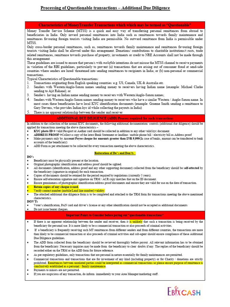 Additional Due Diligence Format - Part1 - E | PDF | Identity Document | Cheque