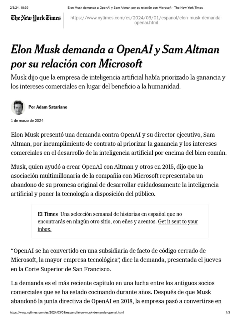 Elon Musk Demanda A OpenAI y Sam Altman Por Su Relación Con Microsoft - The New York Times | PDF