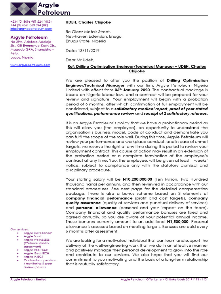 Argyle Petroleum Offer Letter - Chijioke Udeh 20191113 v1 OI | PDF ...