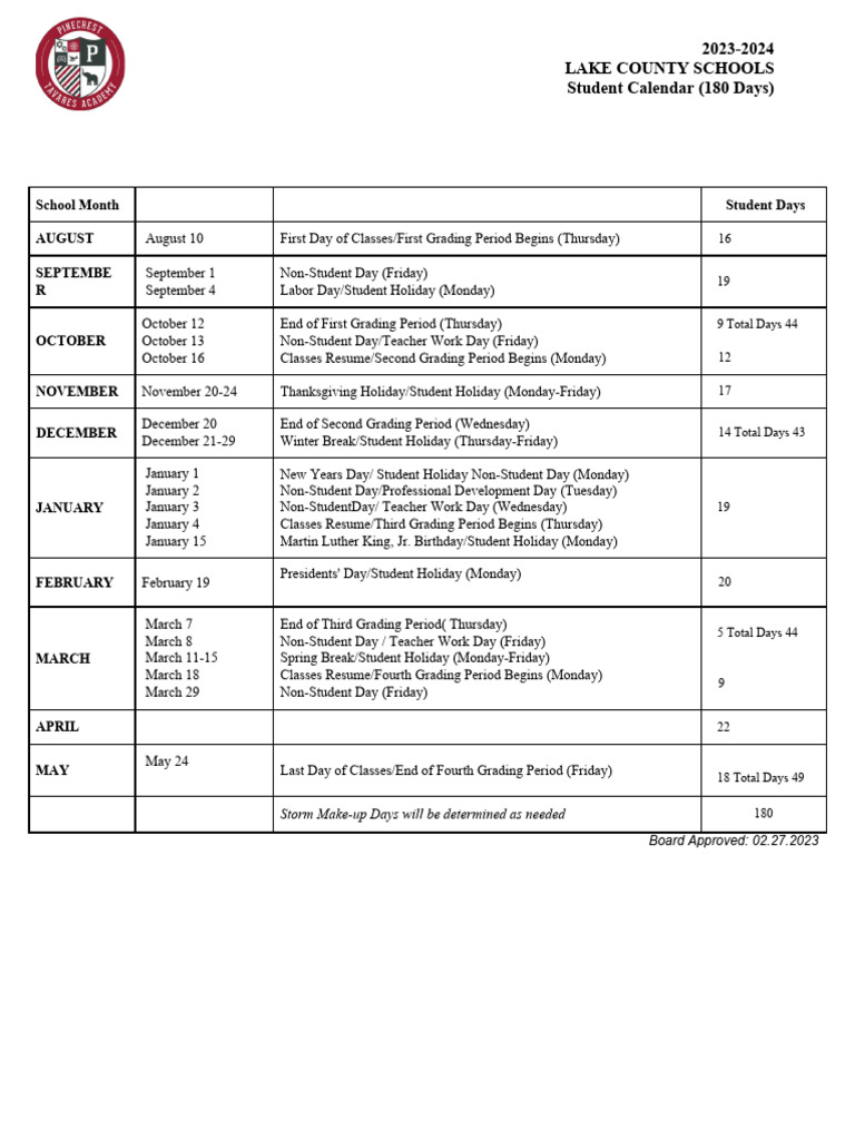 Student Calendar 2023-2024 | Download Free PDF | Public Holiday ...