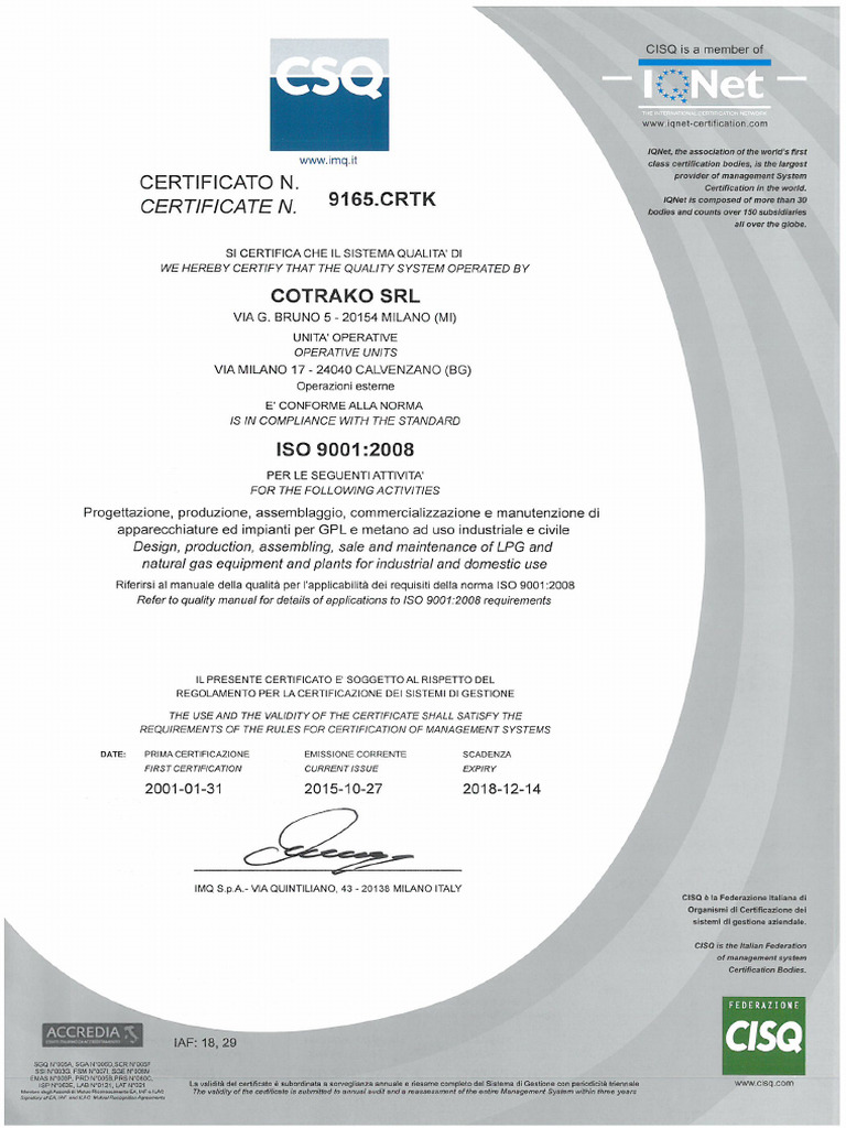 Certificato ISO CENTRALINAS COTRACO | PDF