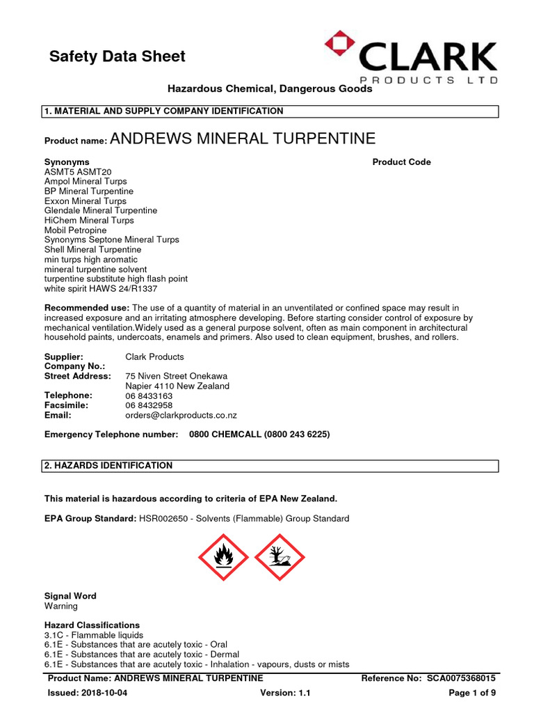 Mineral Turpentine Safety Guide | PDF | Dangerous Goods | Personal ...
