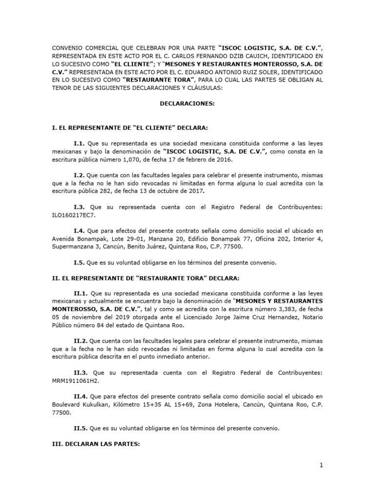 Convenio Comercial - Iscoc - Tora | PDF | Moneda | Hotel