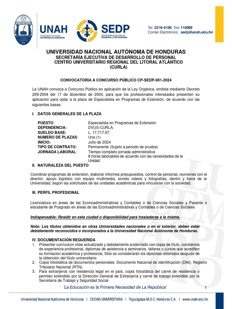 40 Unah Curla Especialista en Programas de Extension 001 2024 | PDF ...