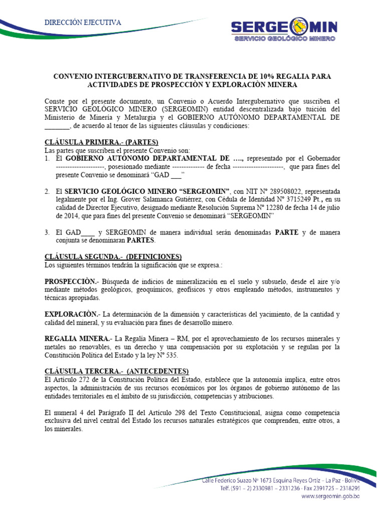 Convenio Intergubernativo Sergeomin Ultimo 30 de Marzo | PDF | Minería ...