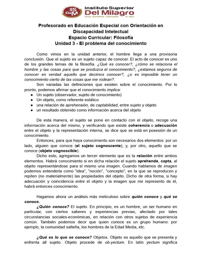 Gnoseología - Unidad 3 | PDF | Conocimiento | Experiencia