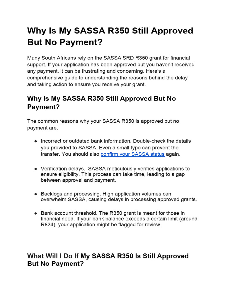 Why Is My SASSA R350 Still Approved But No Payment | PDF