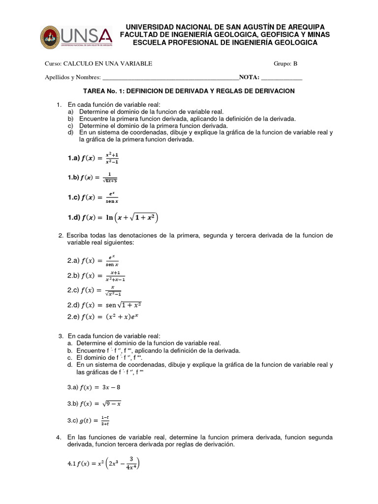 TAREA No. 1 DEFINICION DE LA DERIVADA Y REGLAS DE DERIVACION. | PDF | Derivado | Función ...