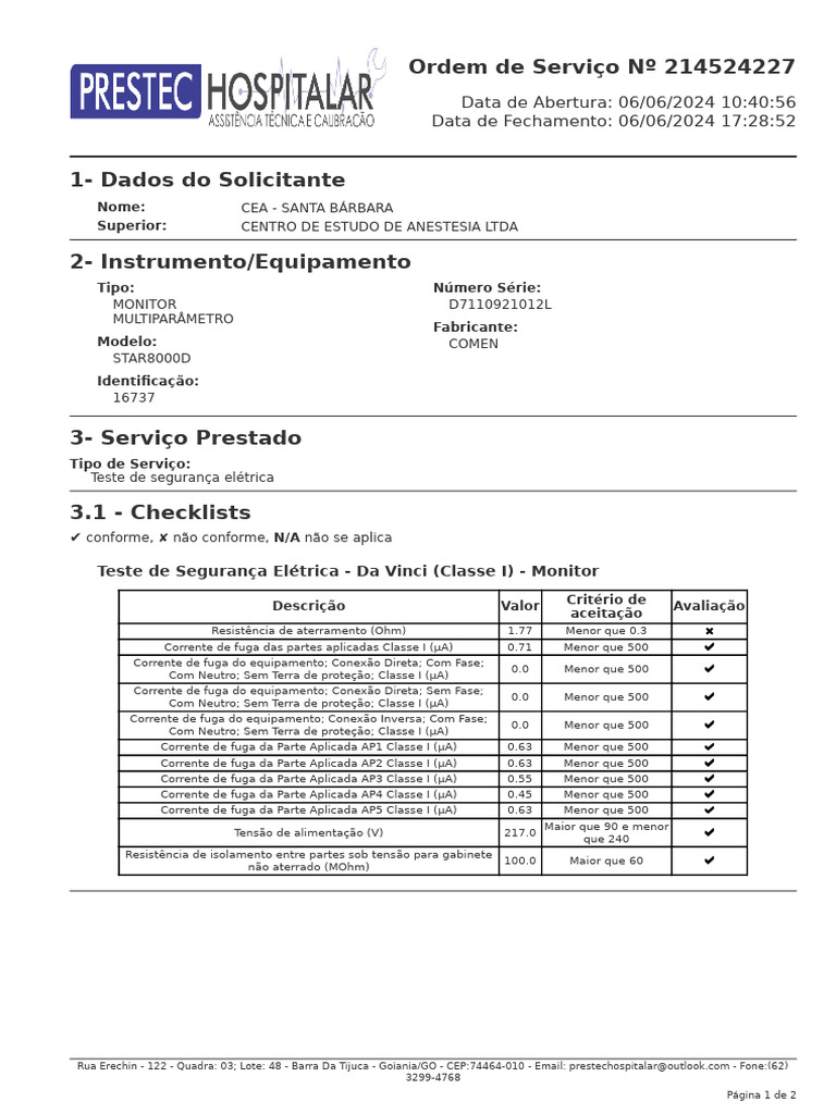 OS 214524227 Teste de Seguranca Eletrica CEA - SANTA BARBARA 11 - 06 ...