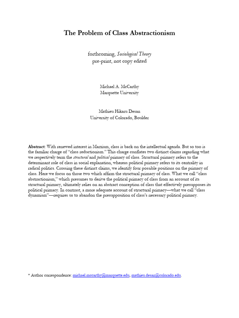 The Problem of Class Abstractionism McCarthy & Desan PRE-PRINT | PDF ...