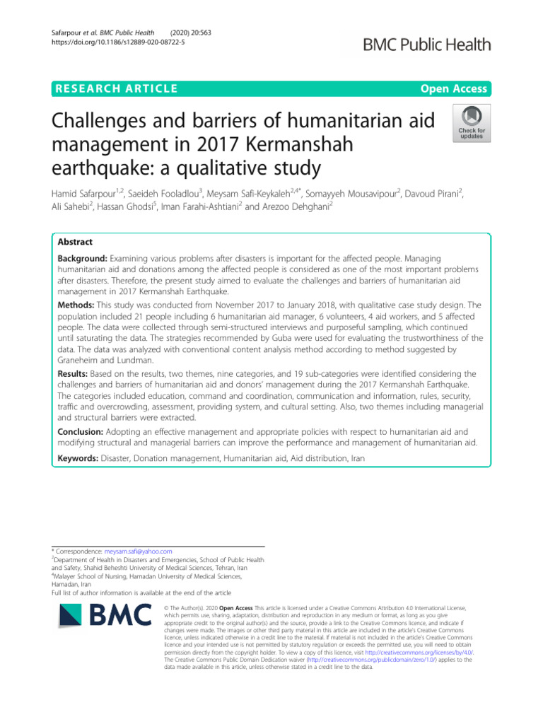 Challenges and Barriers of Humanitarian Aid Management in 2017 Kermanshah Earthquake: A ...