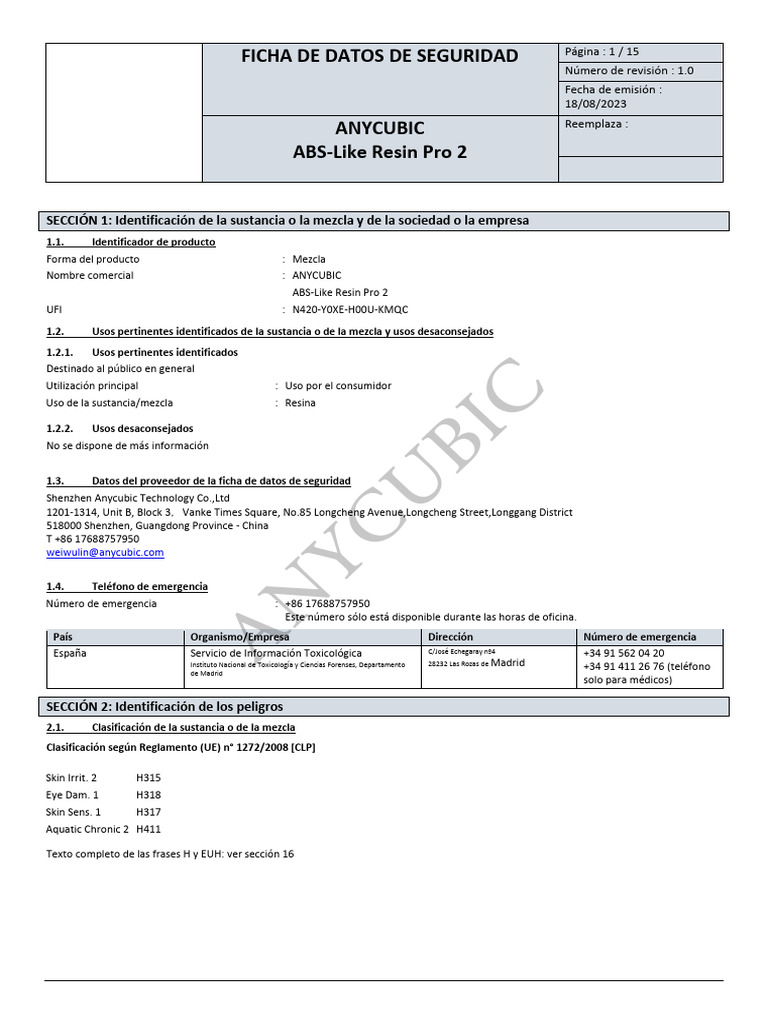 ES - SDS - ABS-Like - Resin - Pro - 2 - SDS - SGS - GHS - ANNEXII - CLP ...