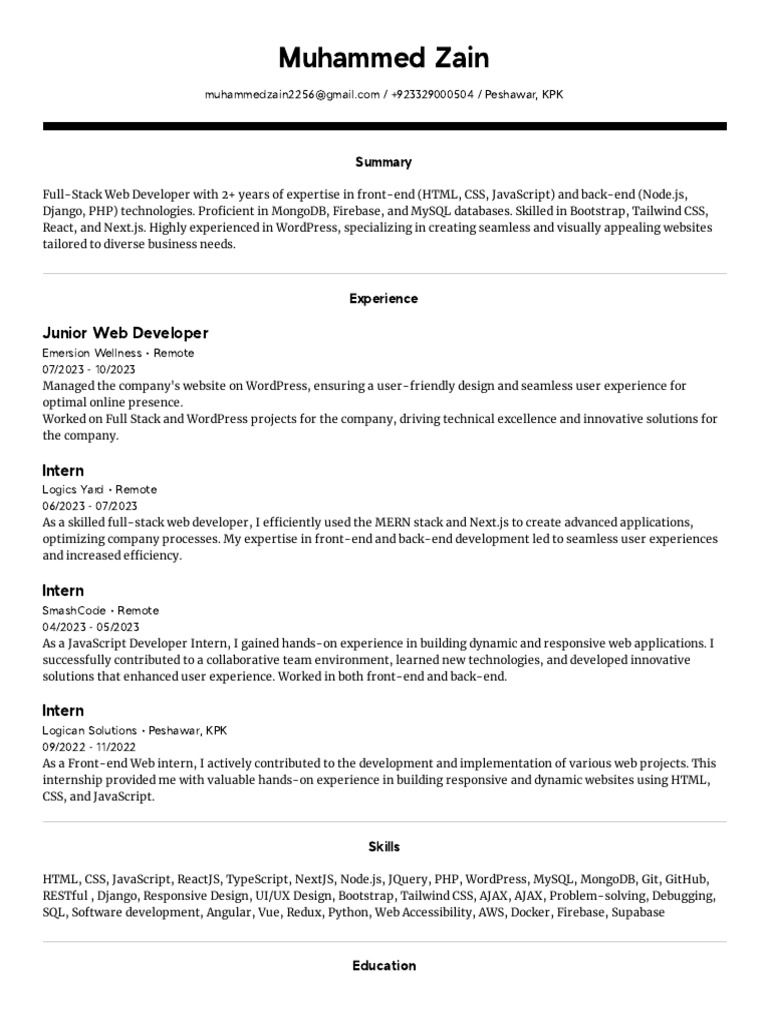 Zain Resume | Download Free PDF | World Wide Web | Internet & Web