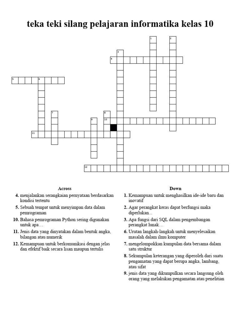 Teka Teki Silang Pelajaran Informatika Kelas 10 | PDF