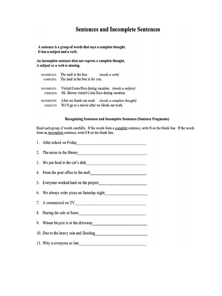 Completing Sentences Homework | PDF