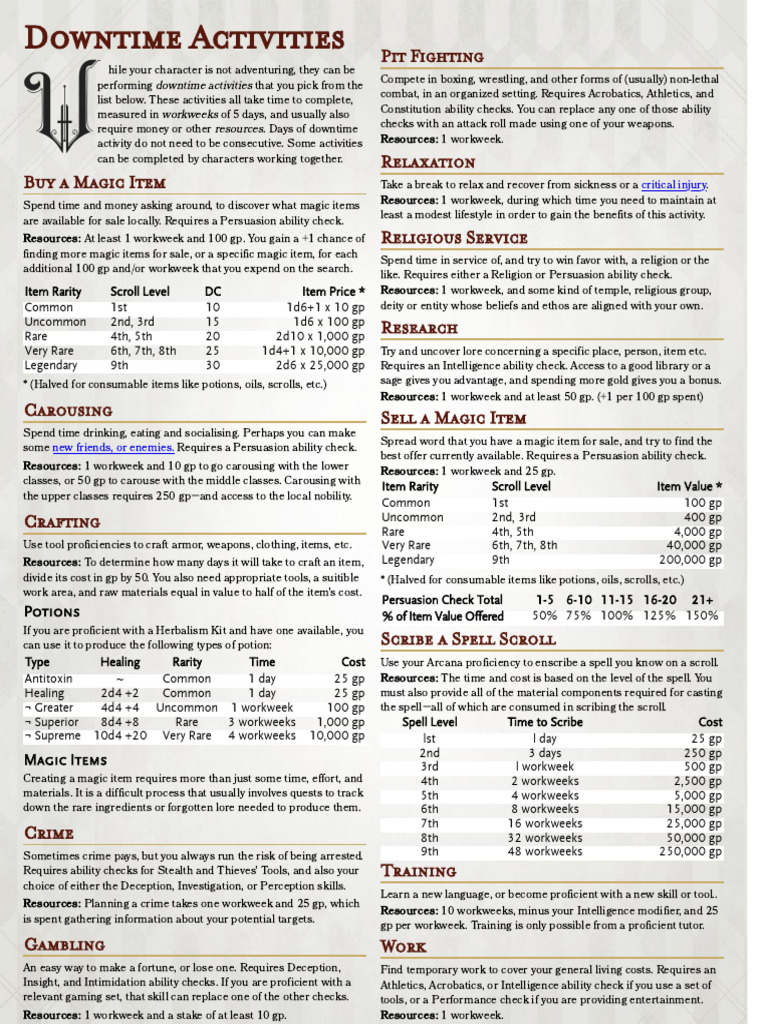 Downtime Activities for Adventurers | PDF