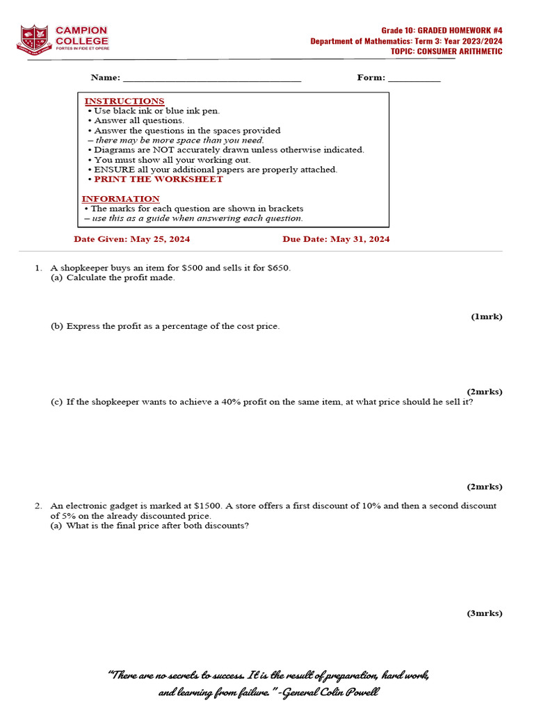 Mathematics Practice Sheet | PDF | Prices | Discounts And Allowances
