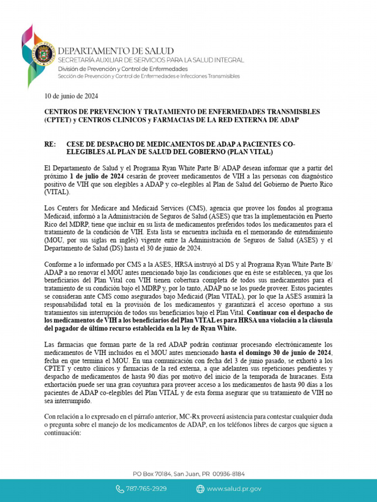 Cese de Medicamentos ADAP para Plan Vital | PDF | Medicare (Estados ...