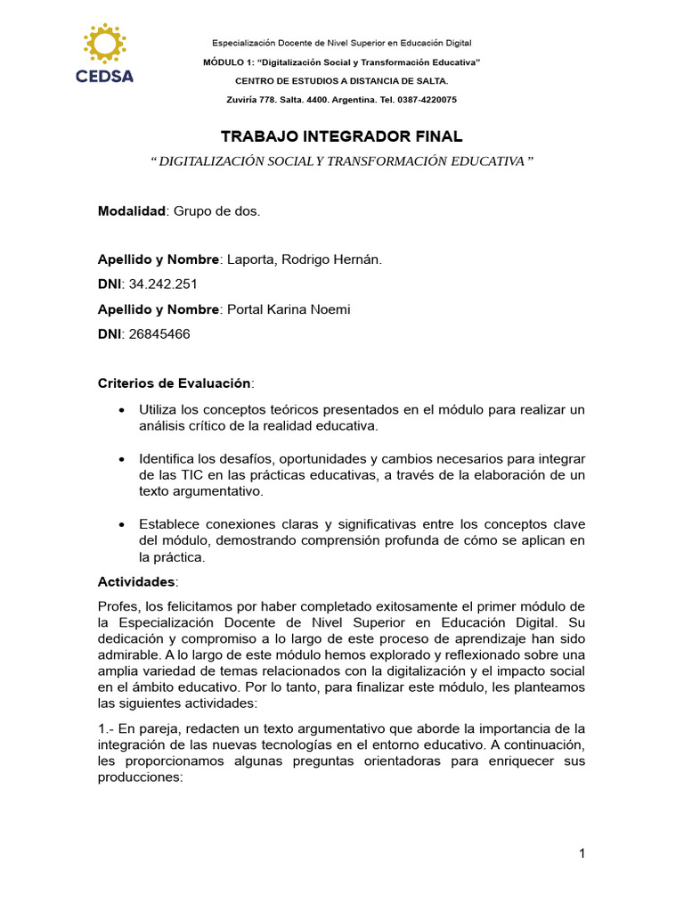 TRABAJO FINAL INTEGRADOR 1 Educacion Digital | PDF | Enseñando | Tecnología de información y ...