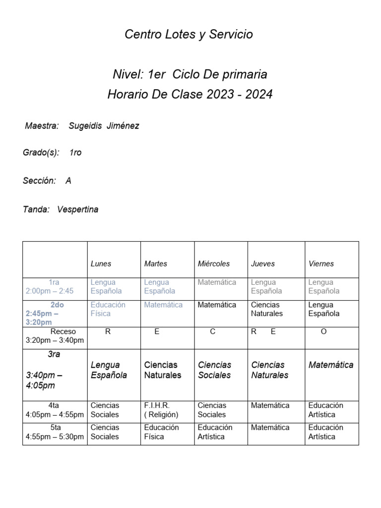 Horario de Clase 1ro A | PDF