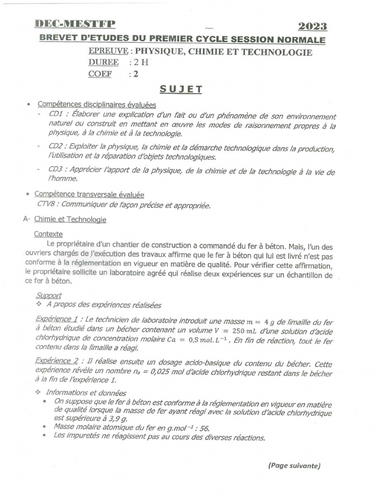 Bepc PCT Épreuve 2023 | PDF