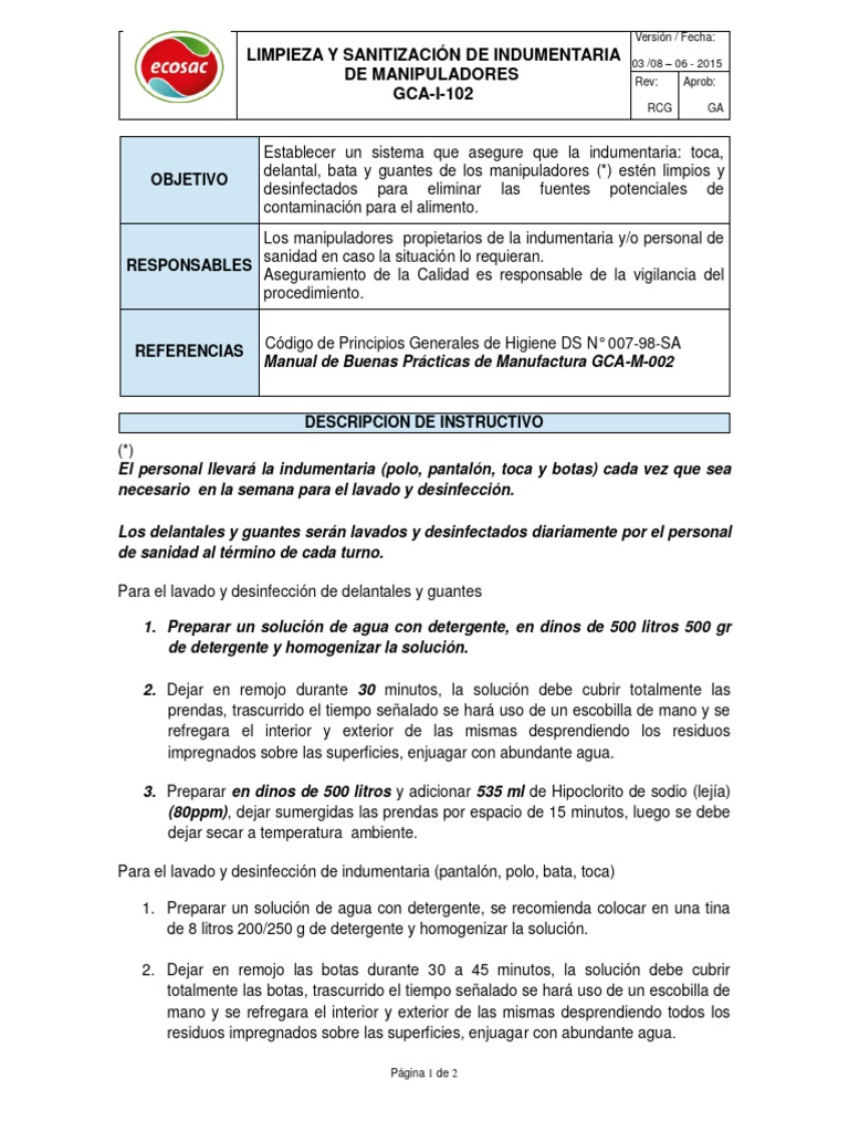 GCA-I-102 Limpieza y Sanitizacion de Indumentara VS 03 | PDF | Agua