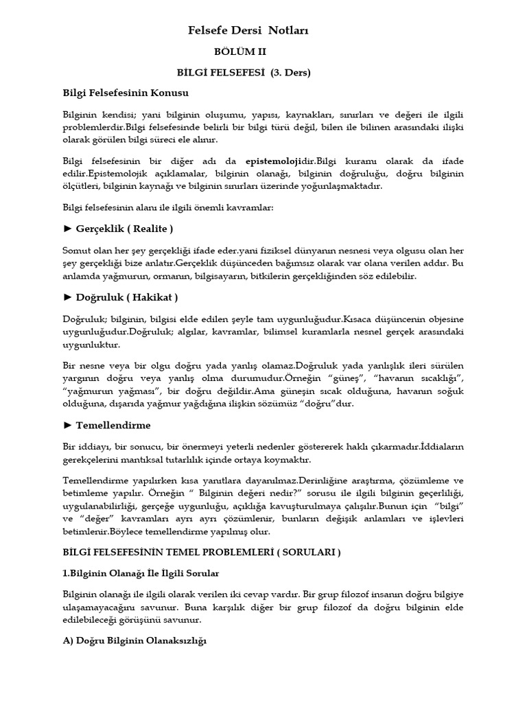 Bilgi Felsefesi Ders Notu | PDF