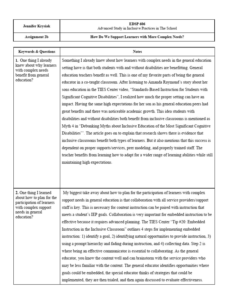 Jennifer Krysiak EDSP 606: Advanced Study in Inclusive Practices in The ...