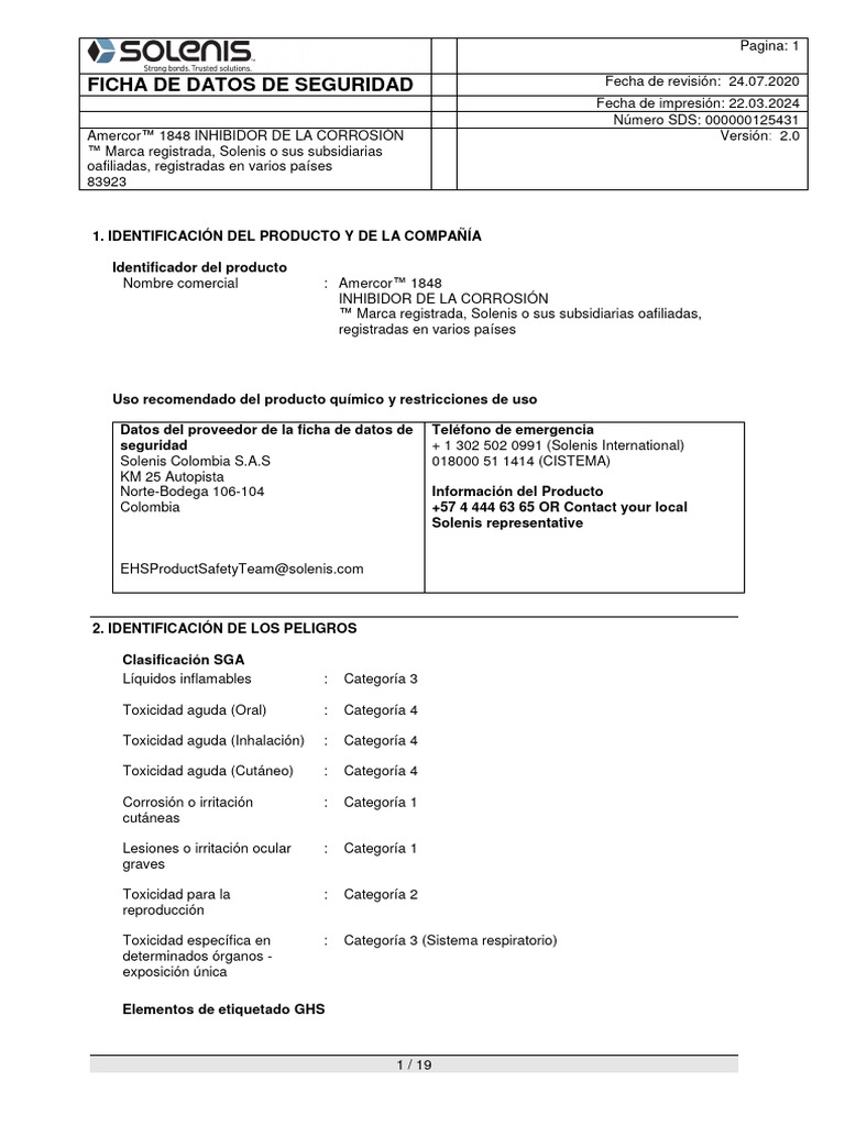 Amercor™ 1848 CORROSION INHIBITOR Colombia-Spanish | PDF | Química