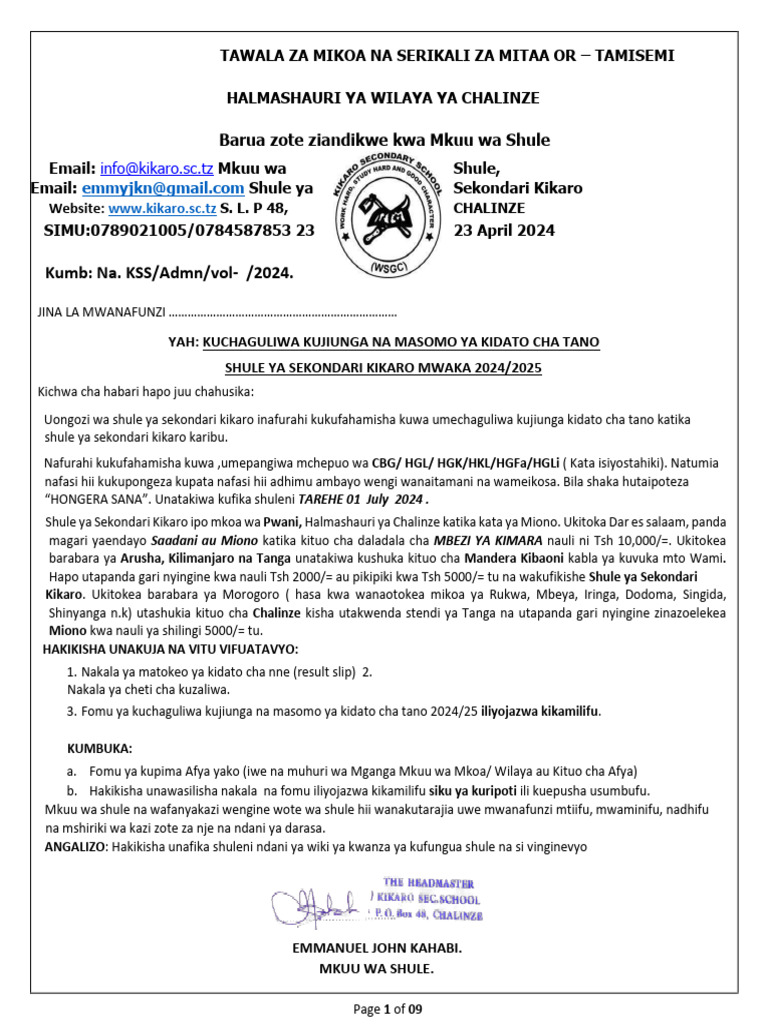 Kikaro Form Five Joining Instruction 2024 2025 New Modified. 1 | PDF