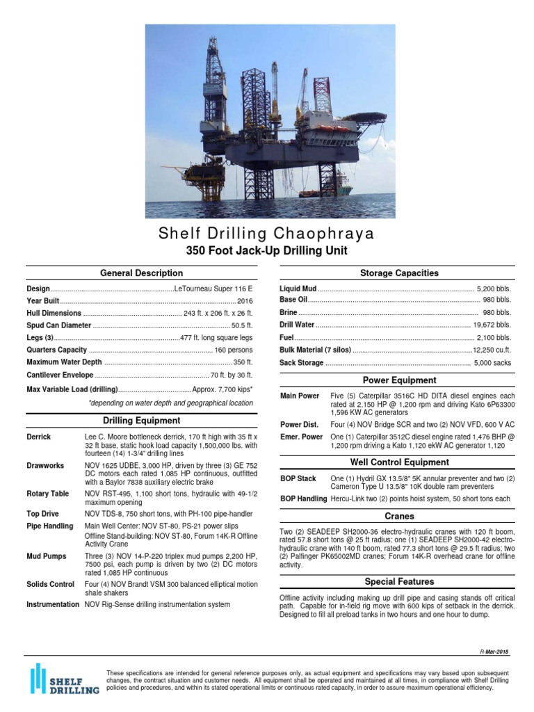 Shelf Drilling Chaophraya Spec Sheet Mar 2018 | PDF | Crane (Machine) | Pump