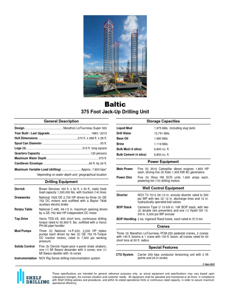 Shelf Drilling Baltic Spec Sheet Sep 2023 | PDF | Crane (Machine) | Manufactured Goods