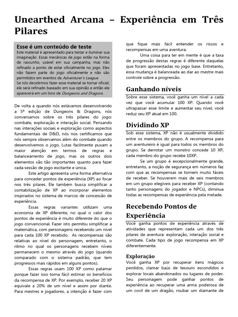 XP Alternativo em D&D: Três Pilares | PDF | Dungeons & Dragons (jogo)
