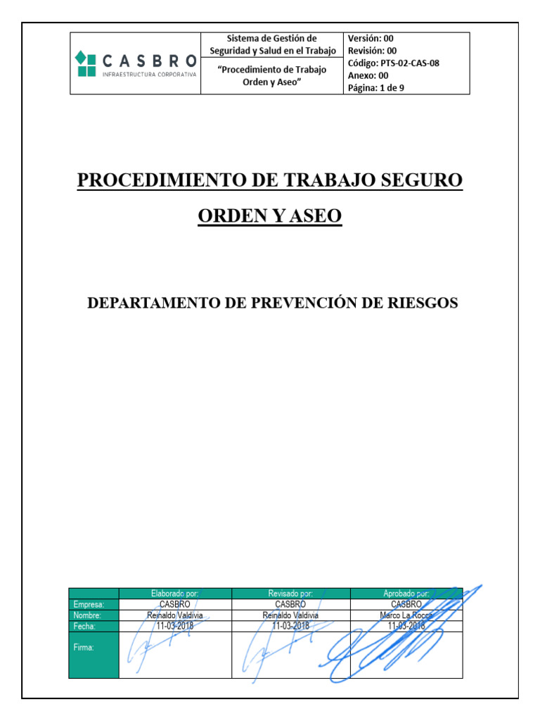 PTS-02-CAS-08 Procedimiento Orden y Aseo | PDF