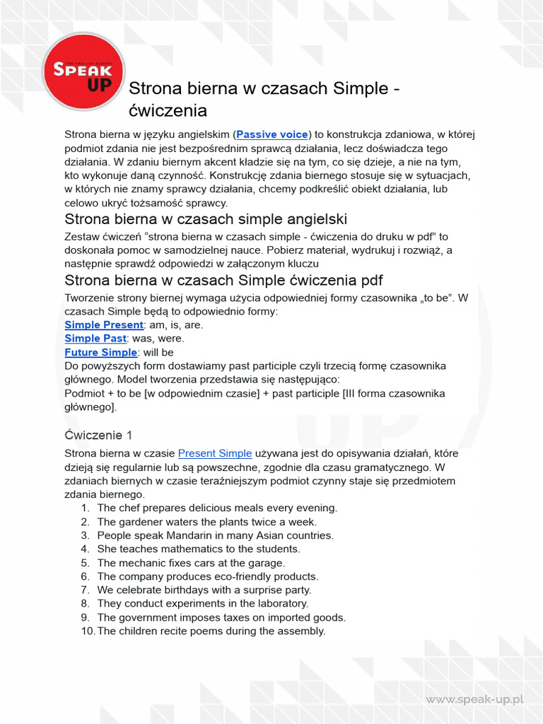 Cwiczenia Strona Bierna W Czasach Simple | PDF