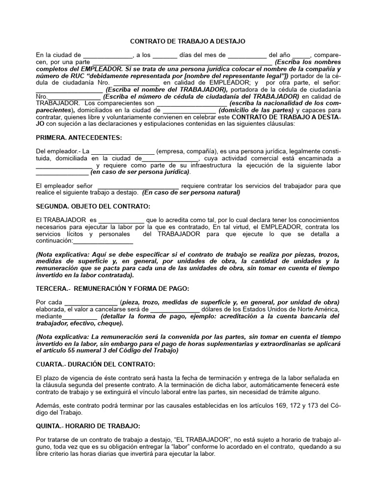 2 Contrato de Trabajo A Destajo | Descargar gratis PDF | Derecho ...